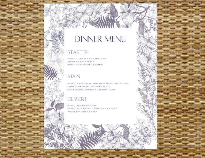 Printable Botanic Dinner Menu Template - Etsy