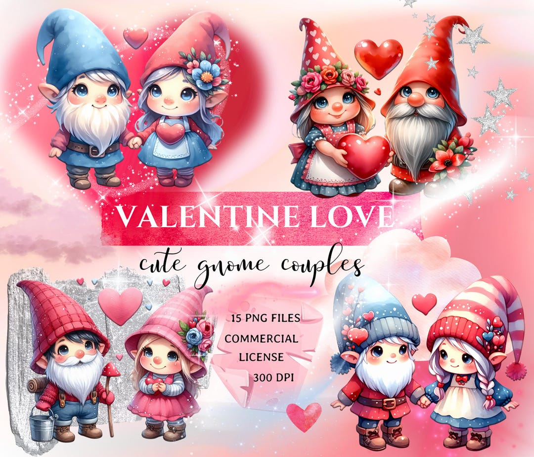 Sweet Valentine Gnome Couple Clipart Set, 15 PNG Watercolor Gnome ...