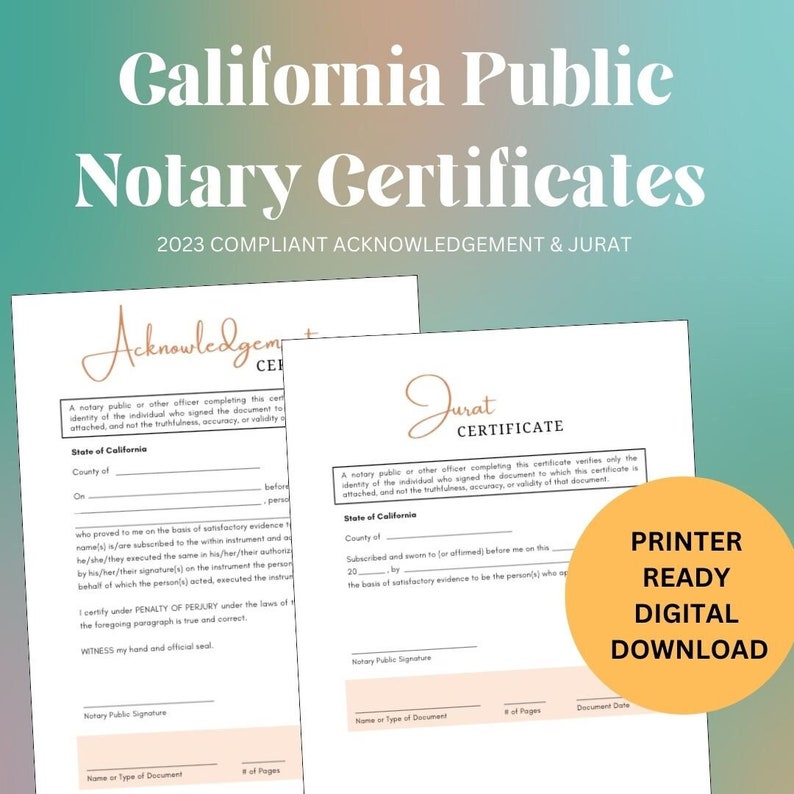 California Notary Public Acknowledgement & Jurat Certificate | Easy Download | Printer Ready ...