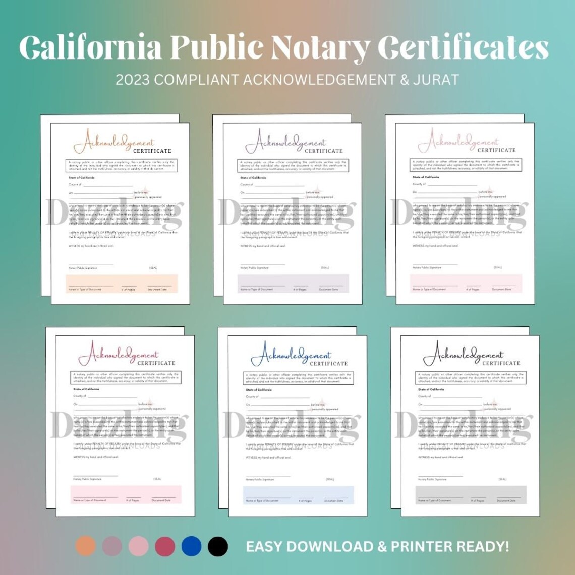 California Notary Public Acknowledgement & Jurat Certificate | Easy ...