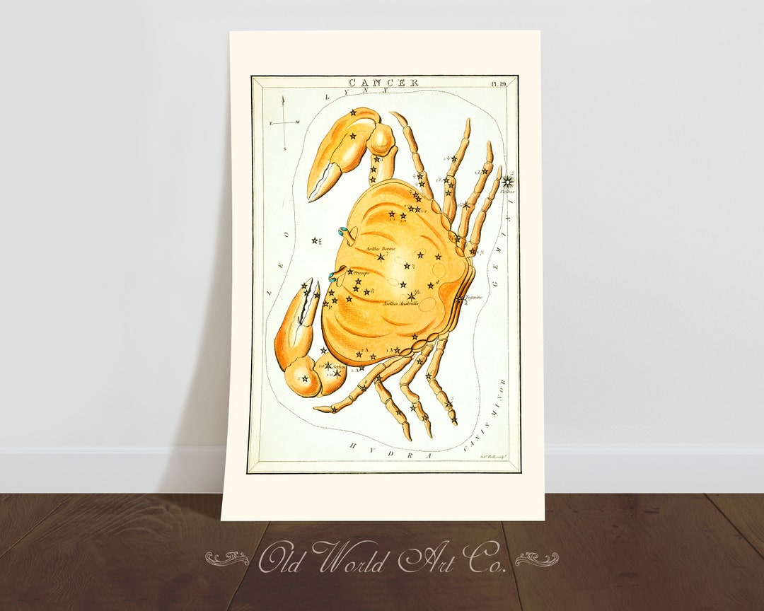 Vintage Cancer Star Map, Cancer Crab Wall Art, Vintage Astrology Decor ...