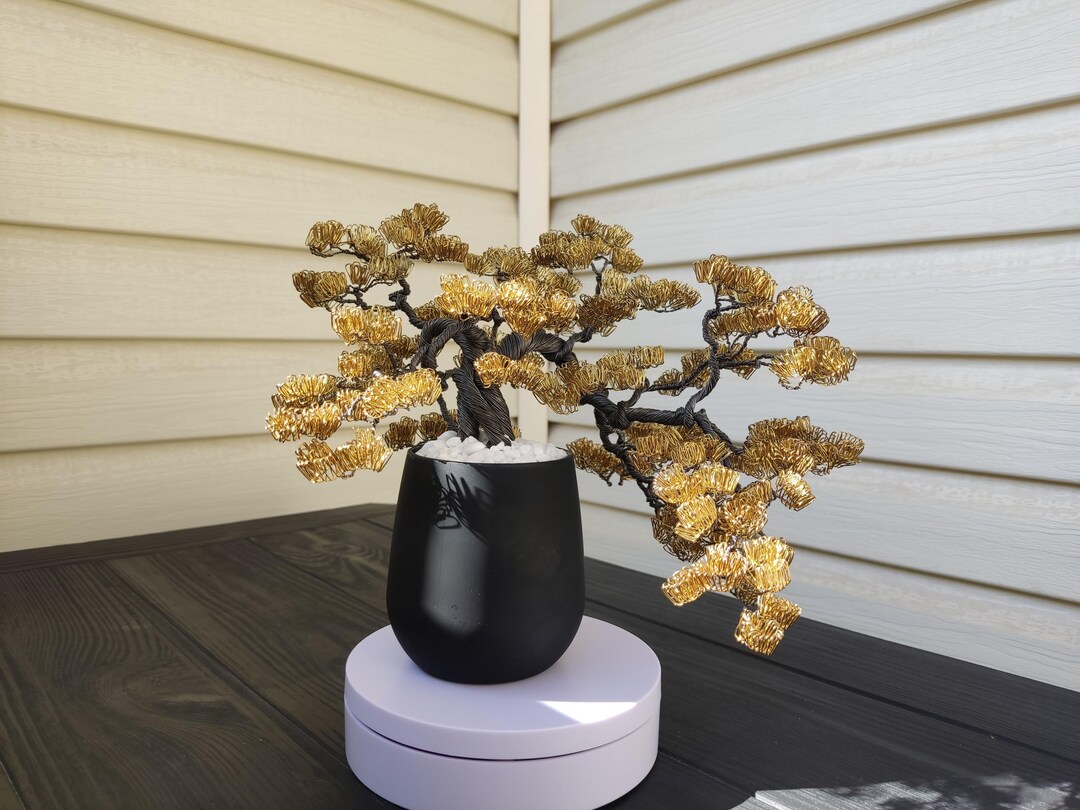 Wire Art - Gold Money Pine Semi-cascade BONSAI TREE Sculpture Japan ...