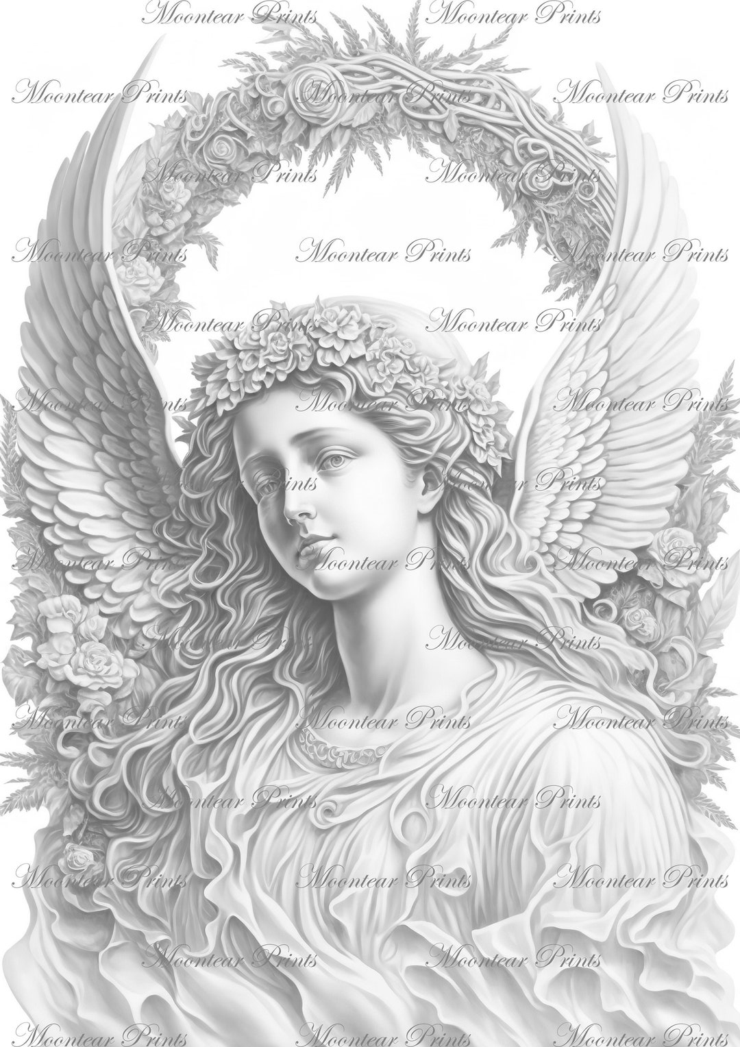Grayscale Angel Princess Coloring Page Vintage Style - Etsy