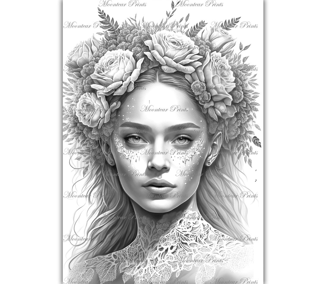 Grayscale Floral Princess Coloring Page Vintage Style - Etsy