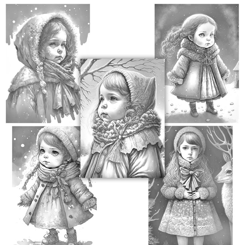Winter Grayscale Coloring Pages Little Princess Girls - Etsy