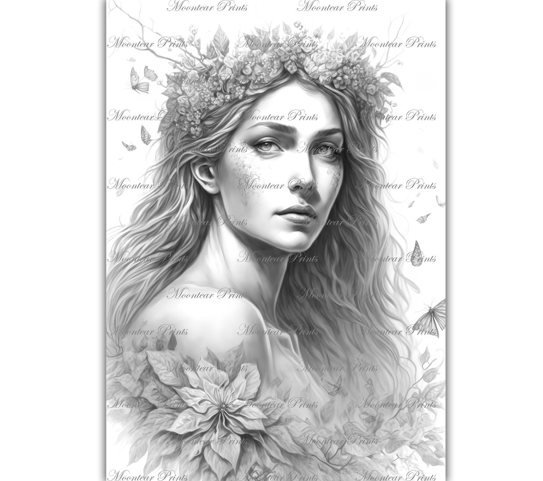 Grayscale Floral Princess Coloring Page, Vintage Style Illustration ...
