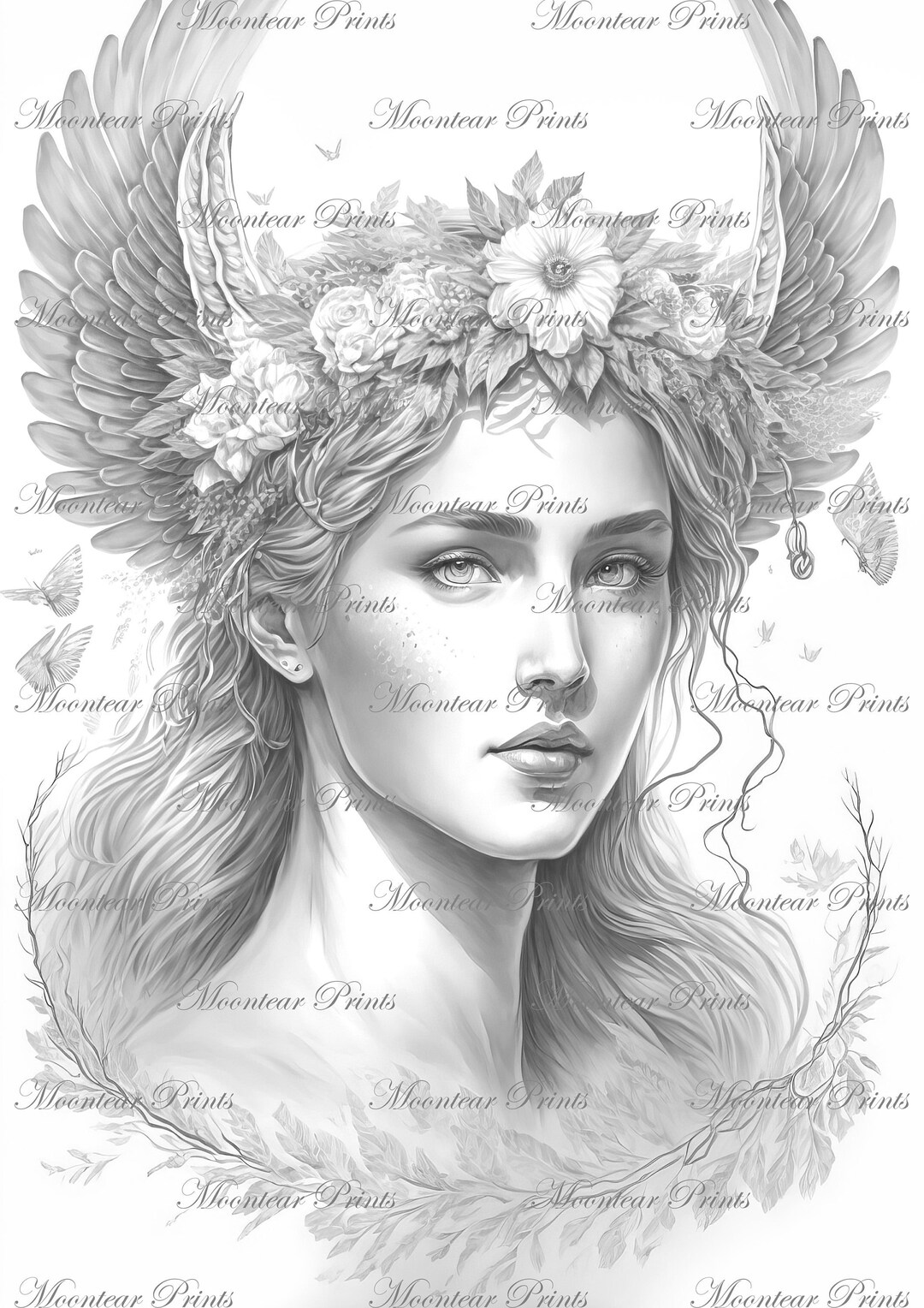 Grayscale Angel Princess Coloring Page, Vintage Style Illustration ...