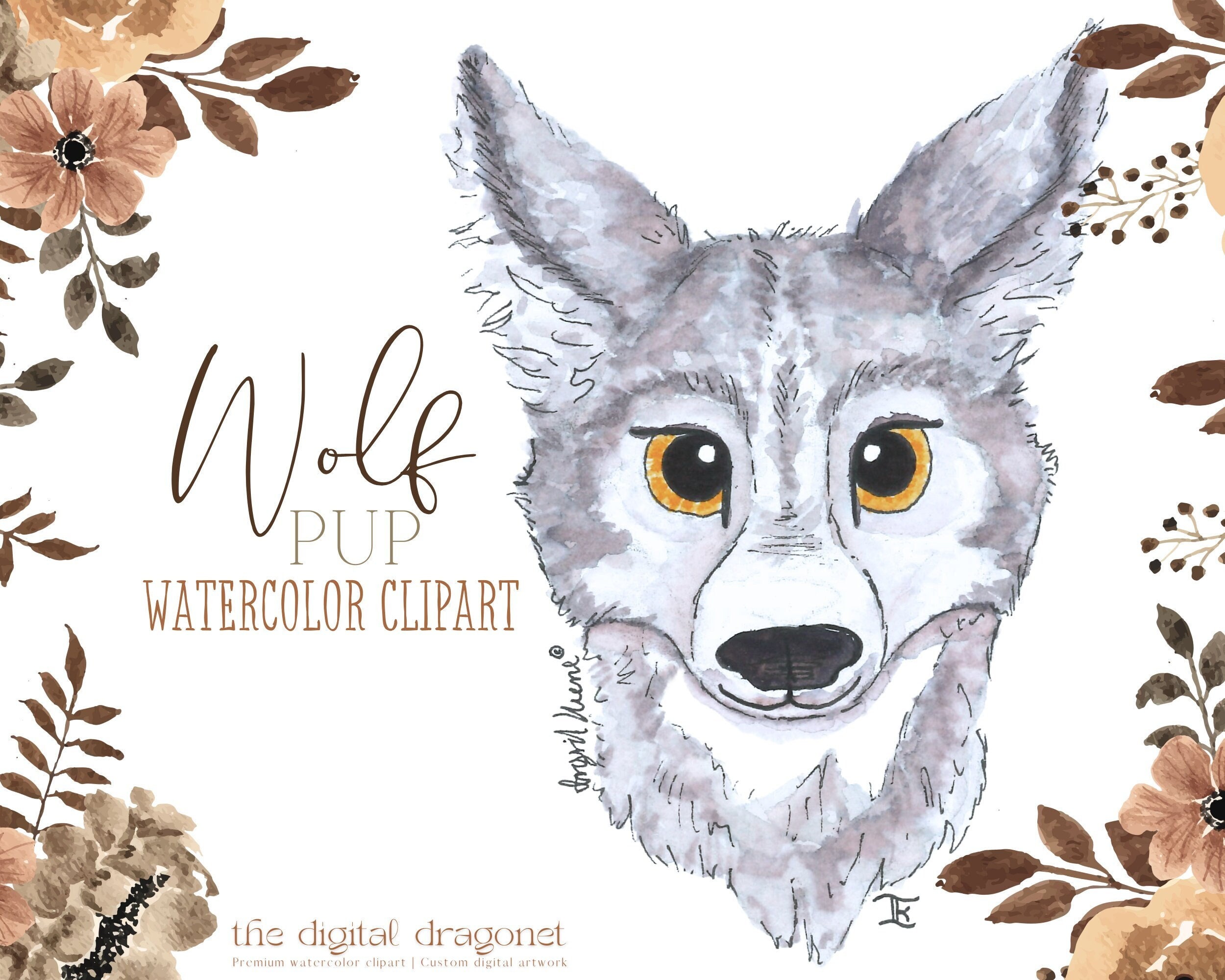 Watercolor Wolf Clipart Download Wolf Pup Watercolor Cute Wolf - Etsy