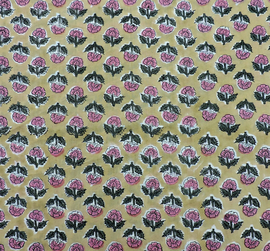 Sandcastle Yellow, Pink and Green Indian Hand Block Leaves Printed 100% ...