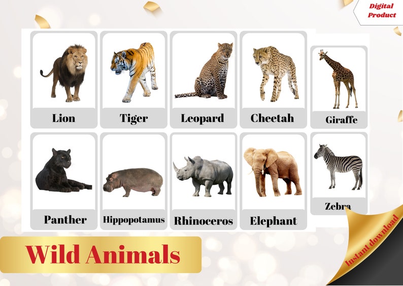 WILD ANIMALS - 40 Printable Flashcards -wild Animals Nomenclature ...