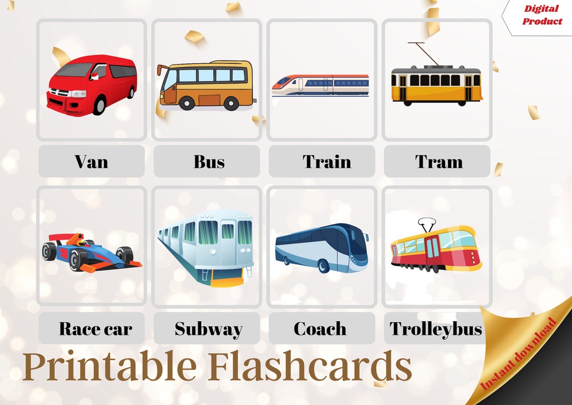 VEHICLES FLASHCARDS - 40 Printable Flashcards - Vehicles Nomenclature ...