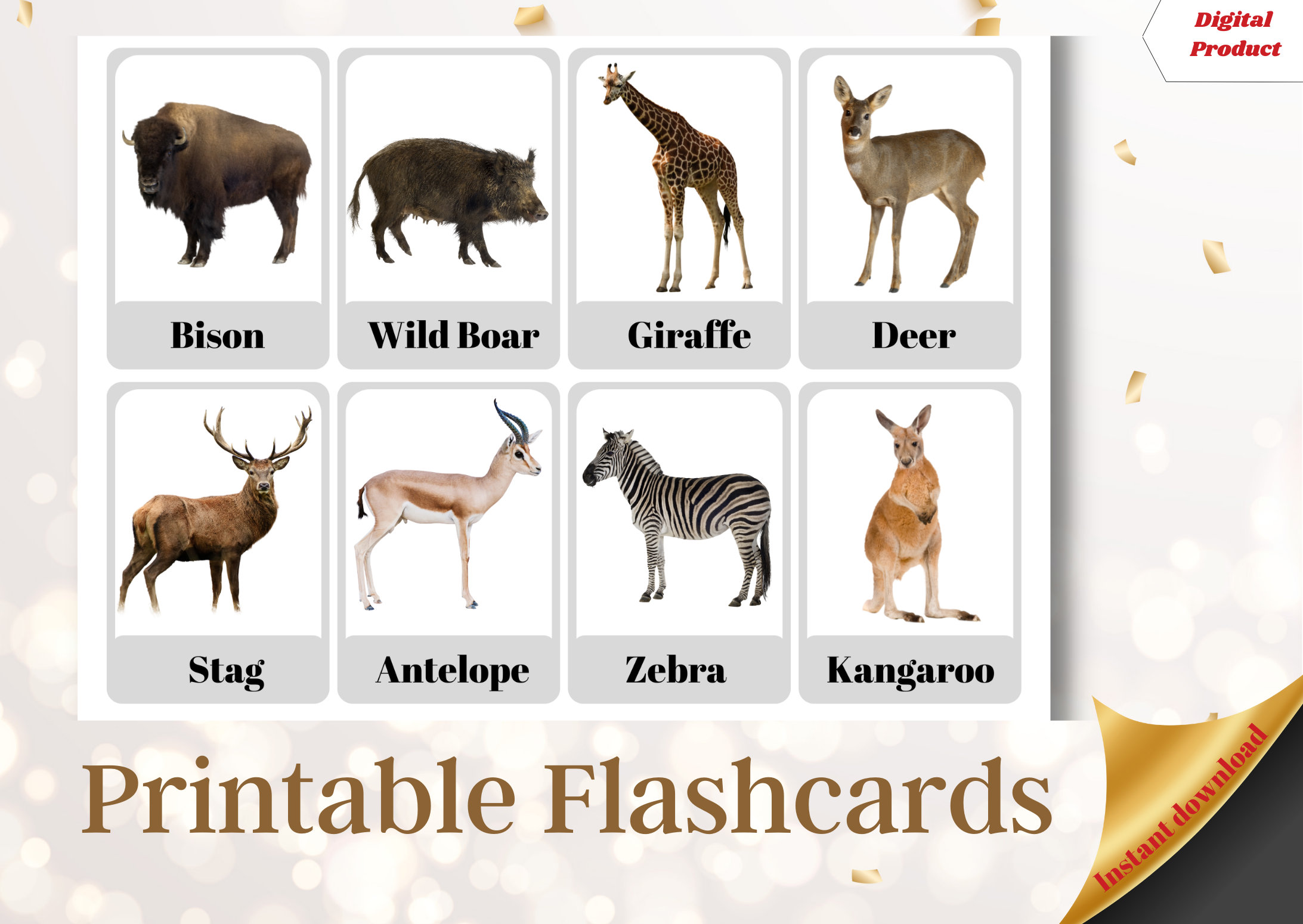 WILD ANIMALS - 40 Printable Flashcards -wild Animals Nomenclature ...