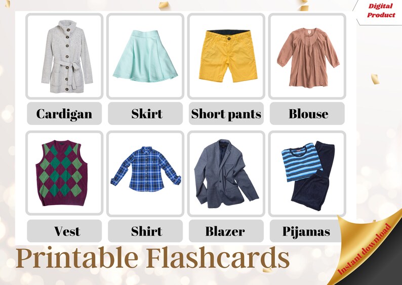 CLOTHES FLASHCARDS - 40 Printable Flashcards Clothes Nomenclature ...