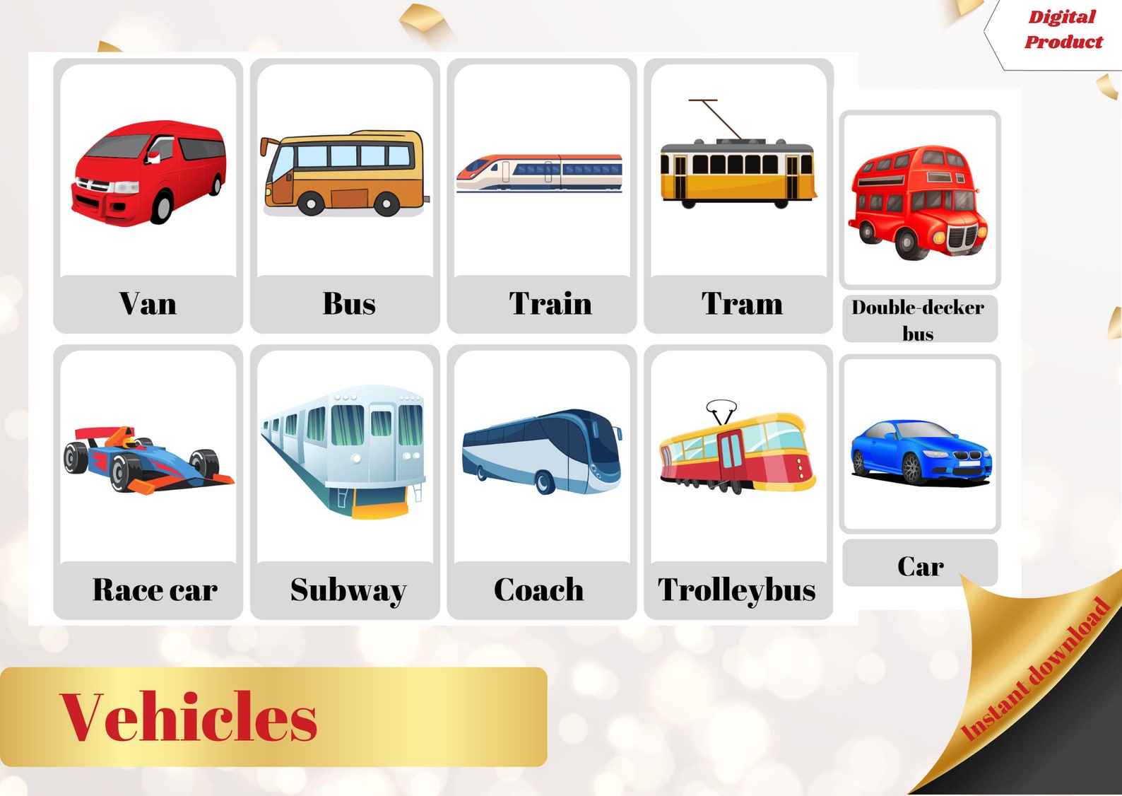 VEHICLES FLASHCARDS - 40 Printable Flashcards - Vehicles Nomenclature ...
