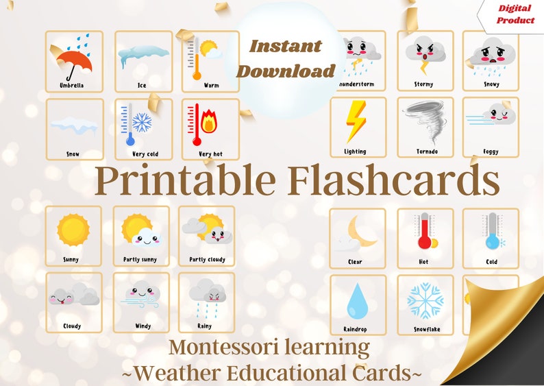WEATHER CARDS | 24 Montessori Flashcards | Digital Printable Flashcards ...