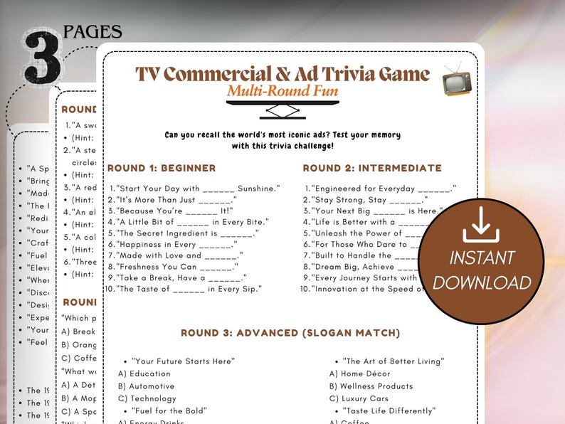 TV Commercial Trivia Game Fun Ad Slogan Quiz for All Ages Printable ...