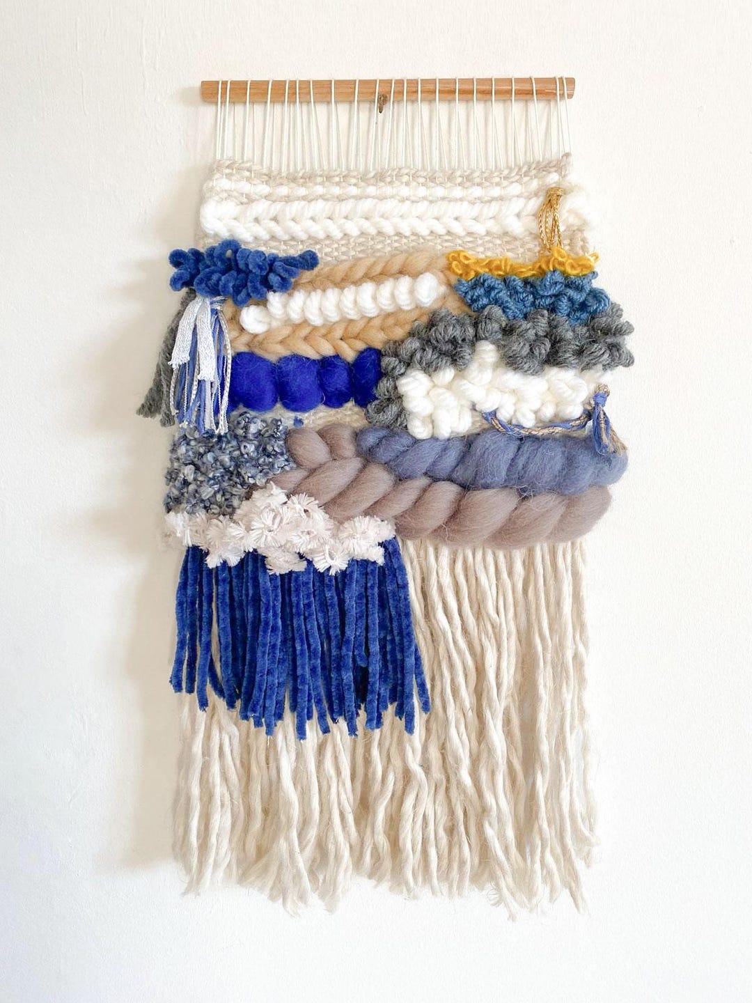 Handwoven Wall Tapestry With Blue, Grey & Yellow Tones – Fiber Wall ...