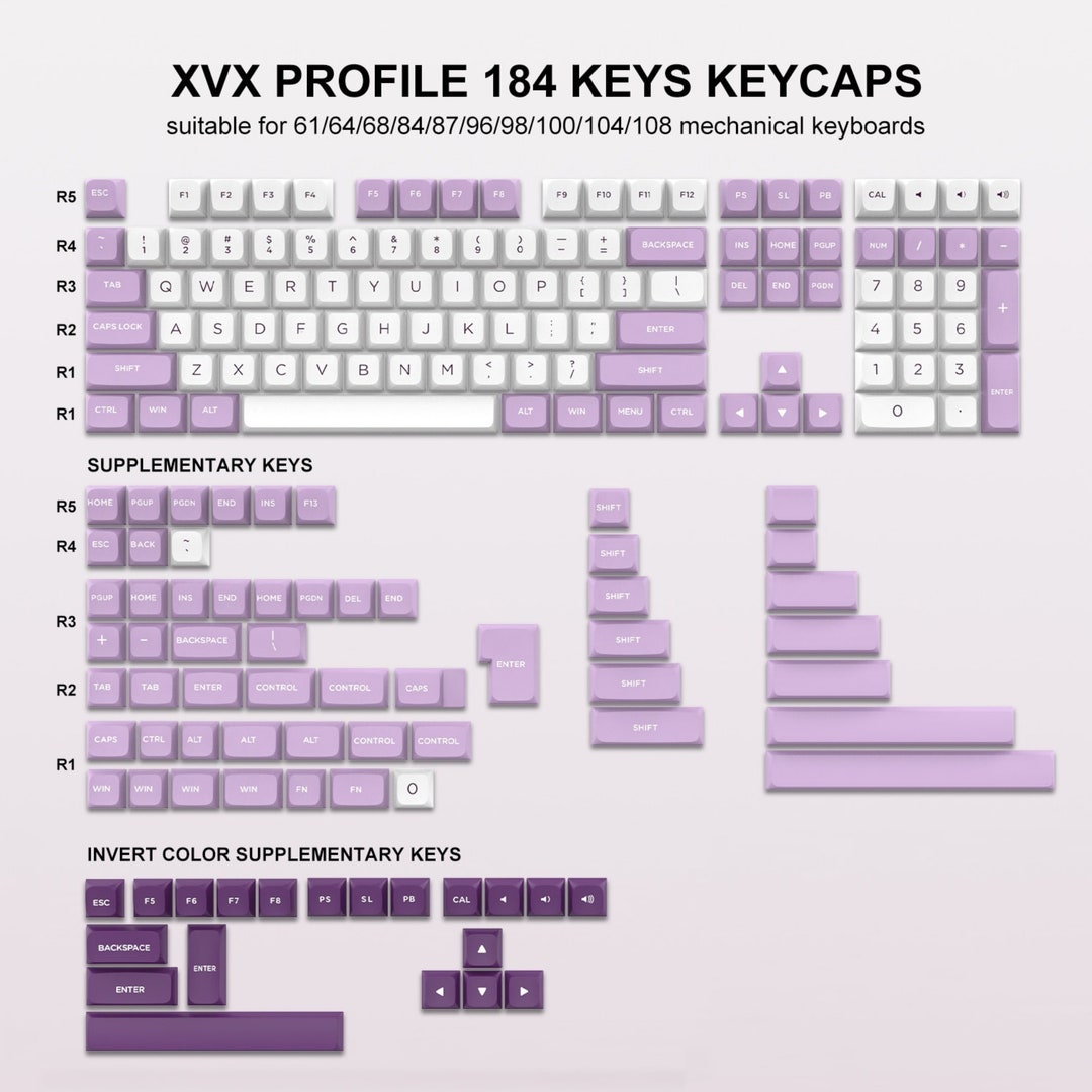 Low Profile Keycaps Cute Purple Keycap Set With 184 Keys MX Compatible ...
