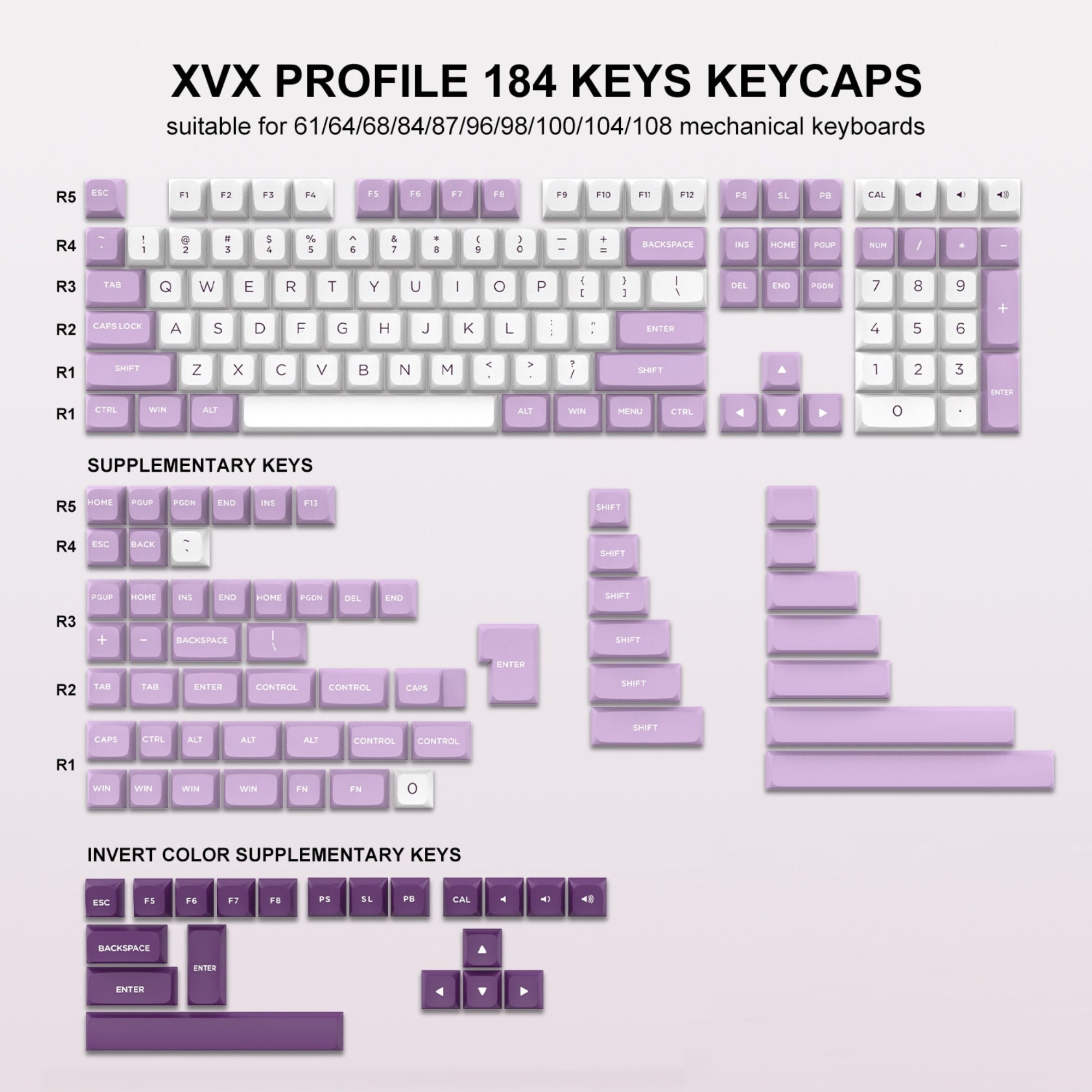 Low Profile Keycaps Cute Purple Keycap Set With 184 Keys MX Compatible ...