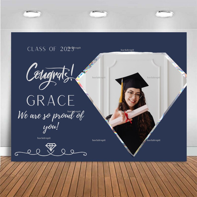 Customized Graduation Backdrop - Navy Blue Graduation Banner With ...