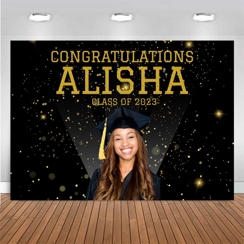 Customized Graduation Backdrop - Black and Gold Graduation Banner With ...
