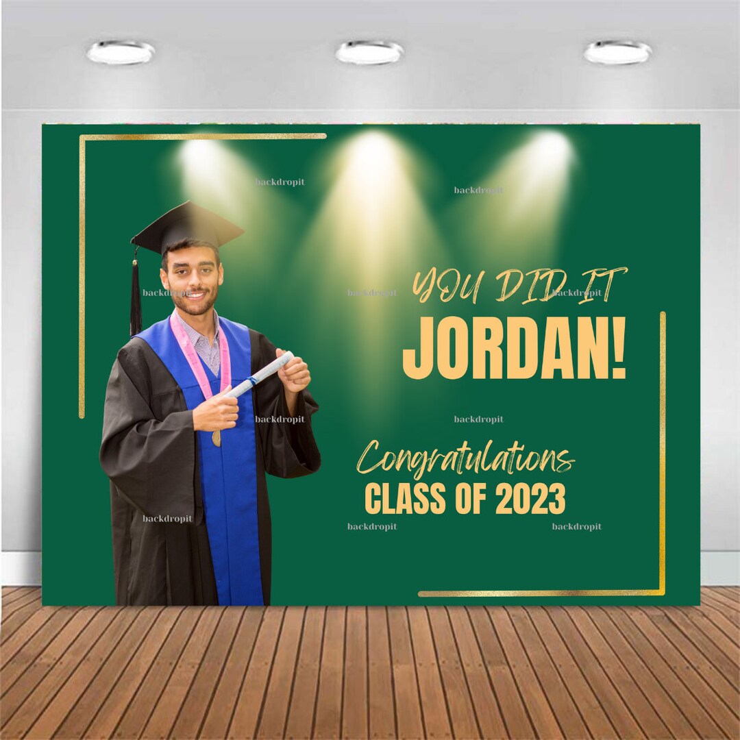 Customized Graduation Backdrop - Green and Gold Graduation Banner With ...