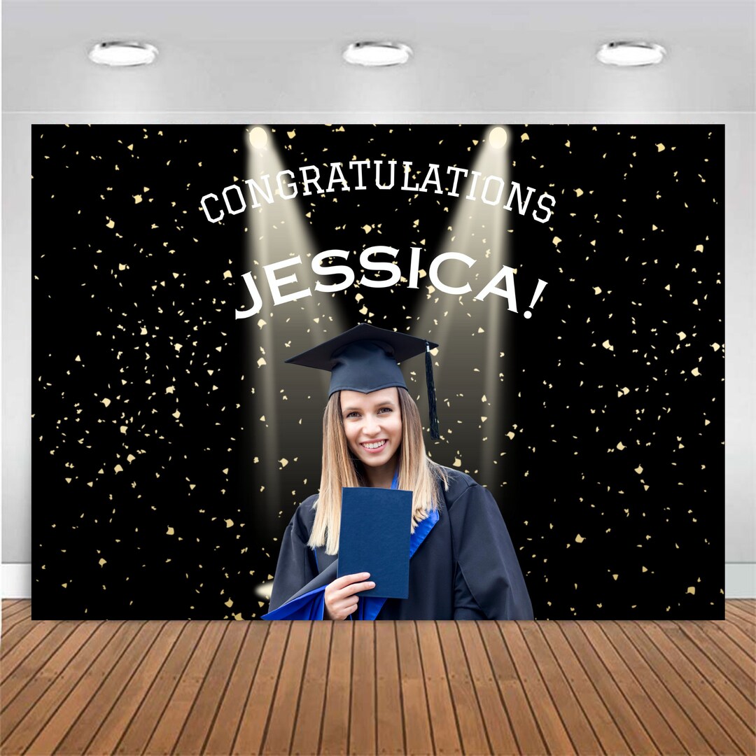 Customized Graduation Backdrop - Black and Gold Graduation Banner With ...