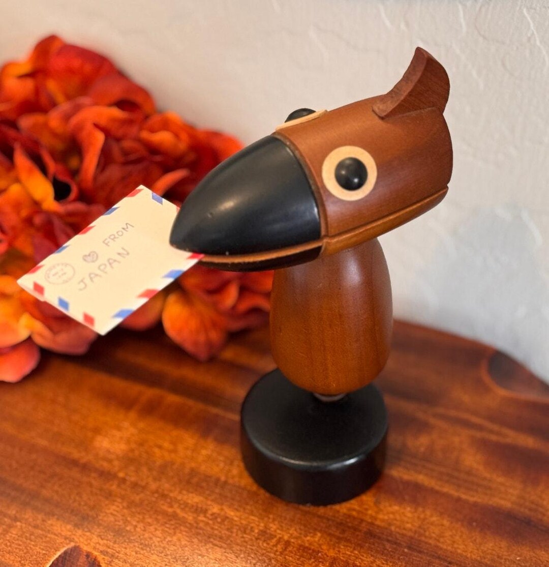 Vintage Wooden Bird Memo Holder, Spring Clip Desk Accessory, Japanese ...