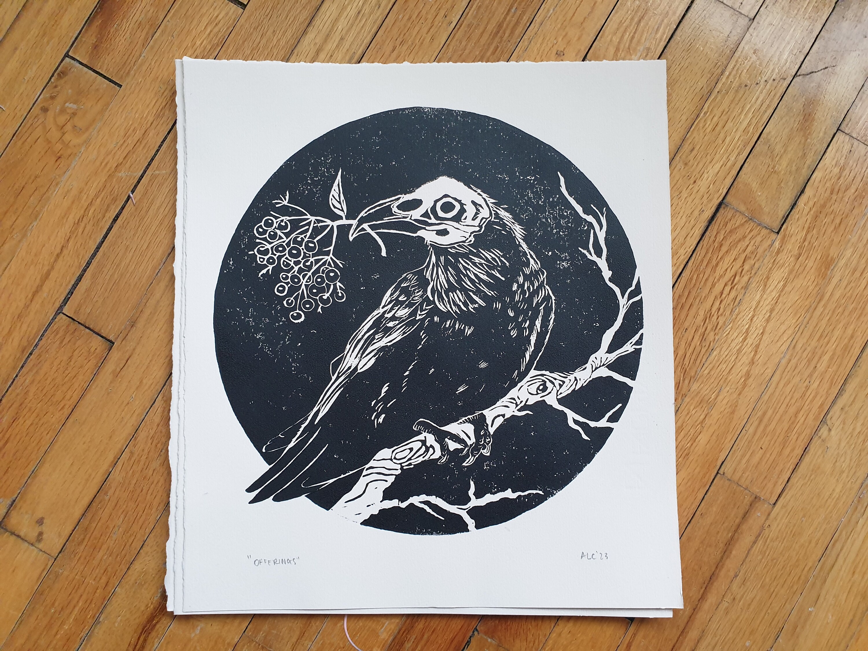 Offerings Lino Print / Raven Skull Art / Original Unframed Block Print ...
