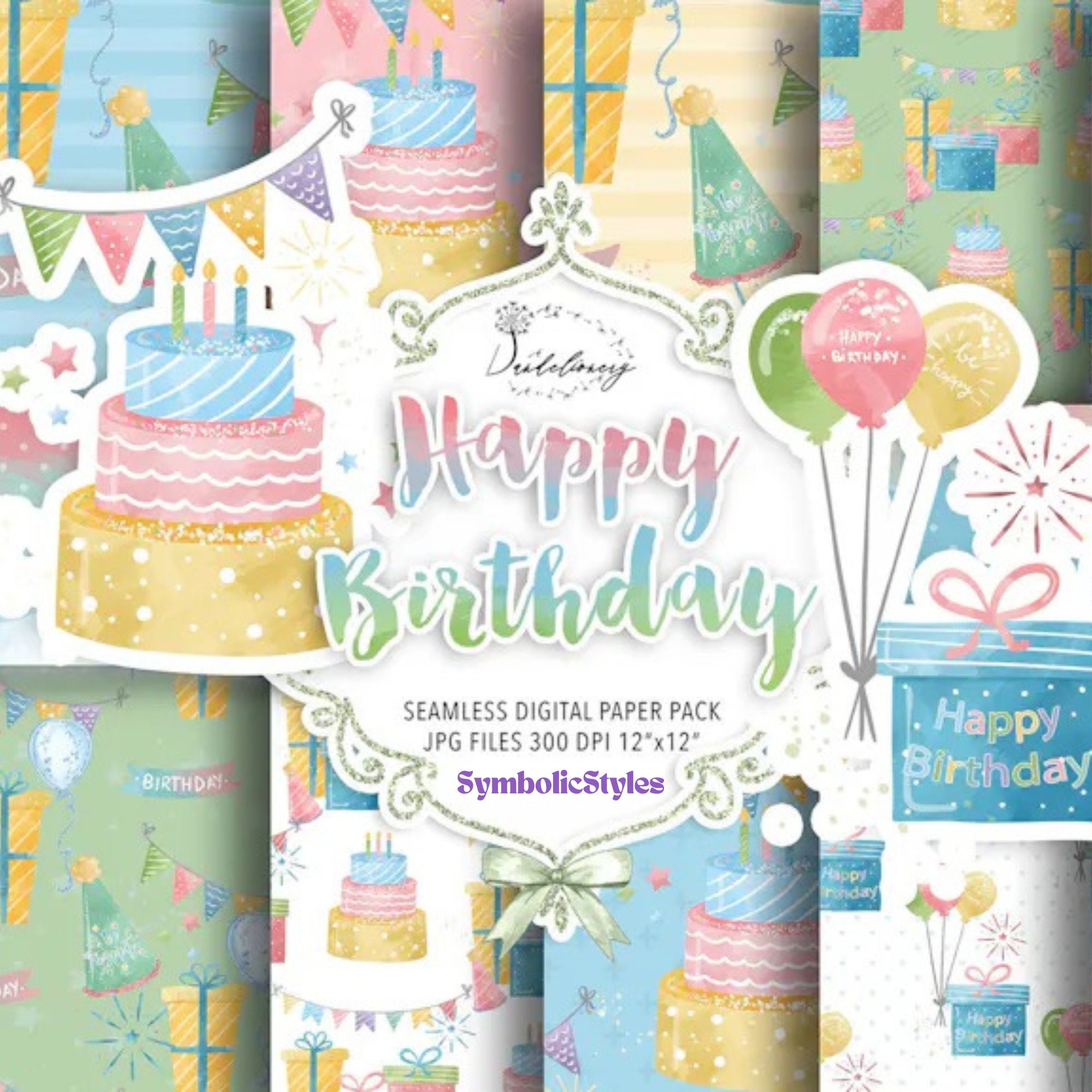 Happy Birthday, Digital Paper Pack, Watercolor Birthday Digital, Party ...