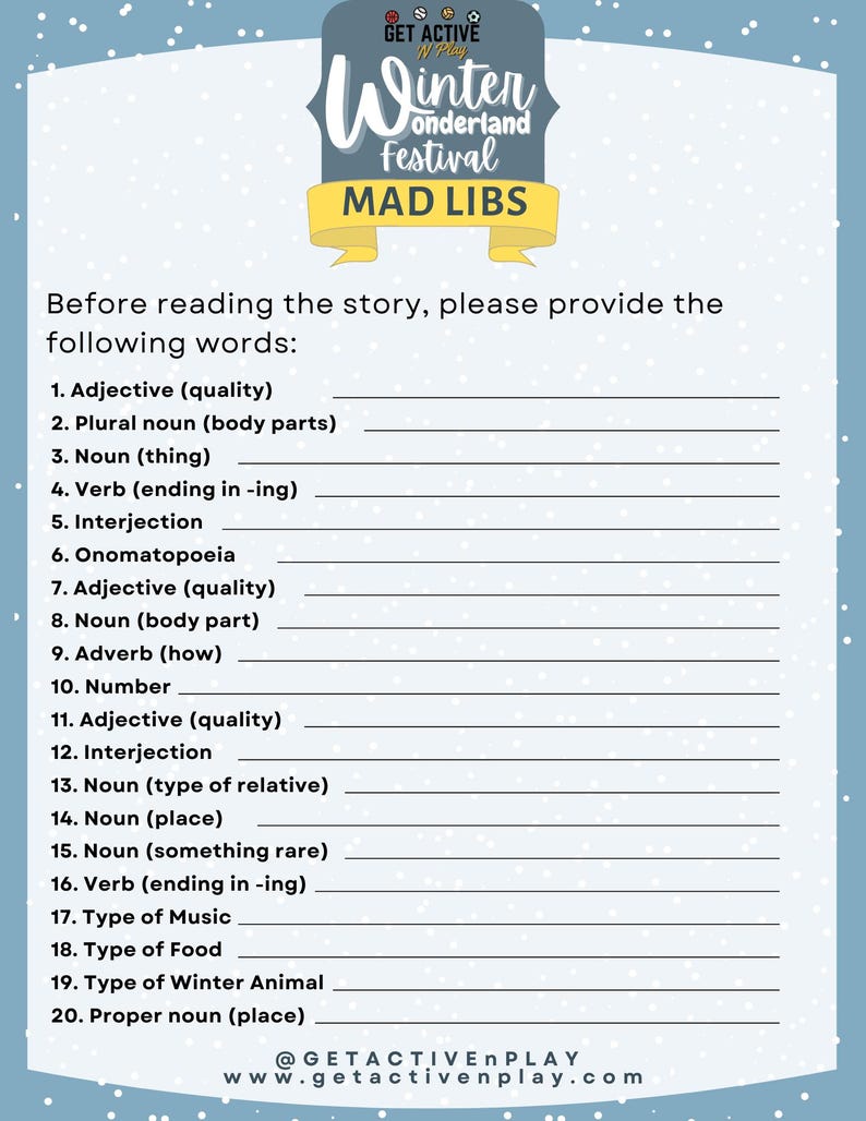 Get Active Mad Libs - Winter Wonderland Festival (1/5) - Etsy