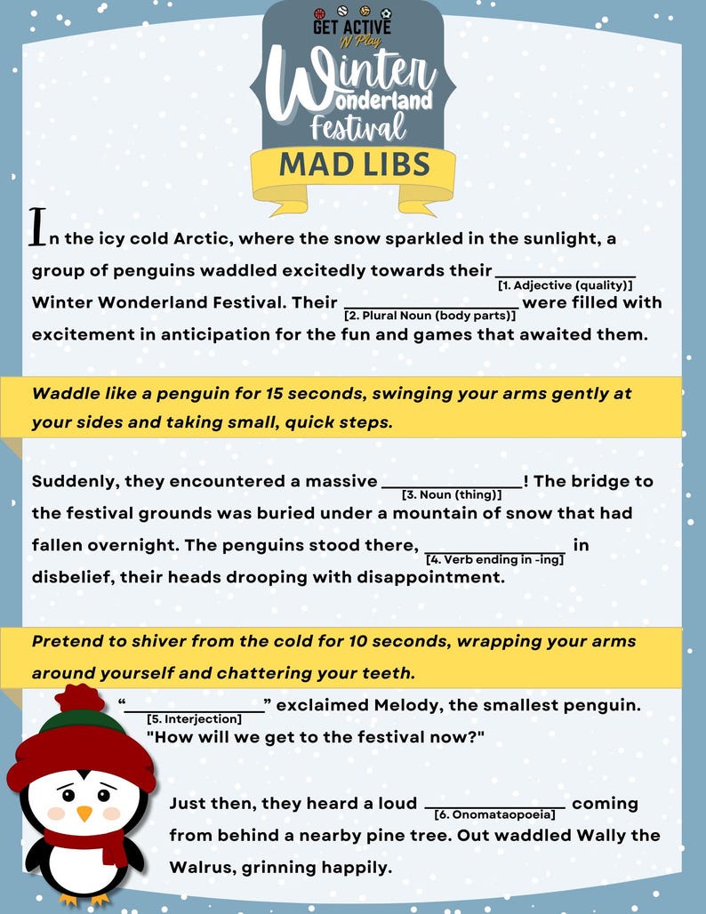 Get Active Mad Libs - Winter Wonderland Festival (1/5) - Etsy