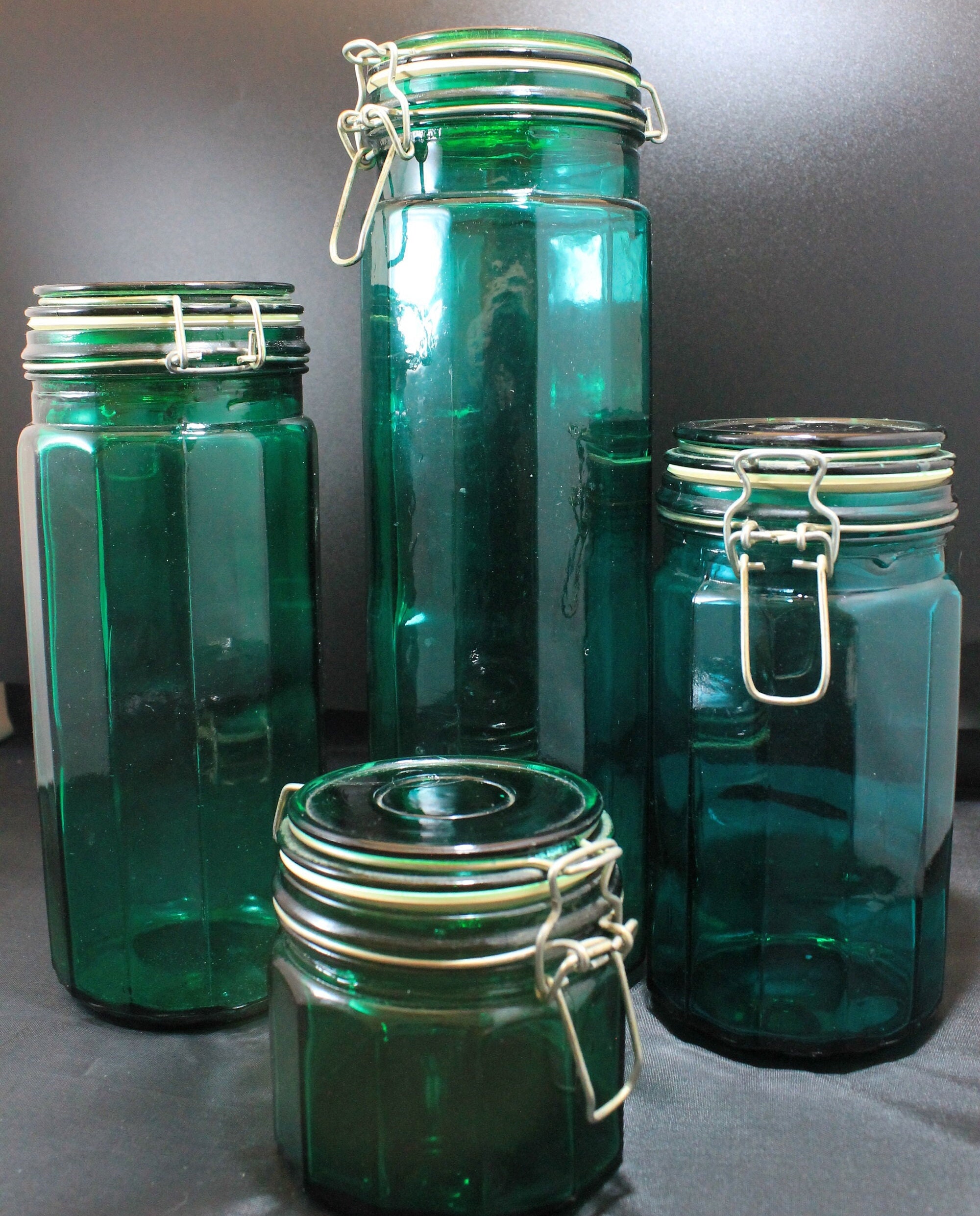Green Glass Canisters With Wire Bale Closures-set of 4 - Etsy