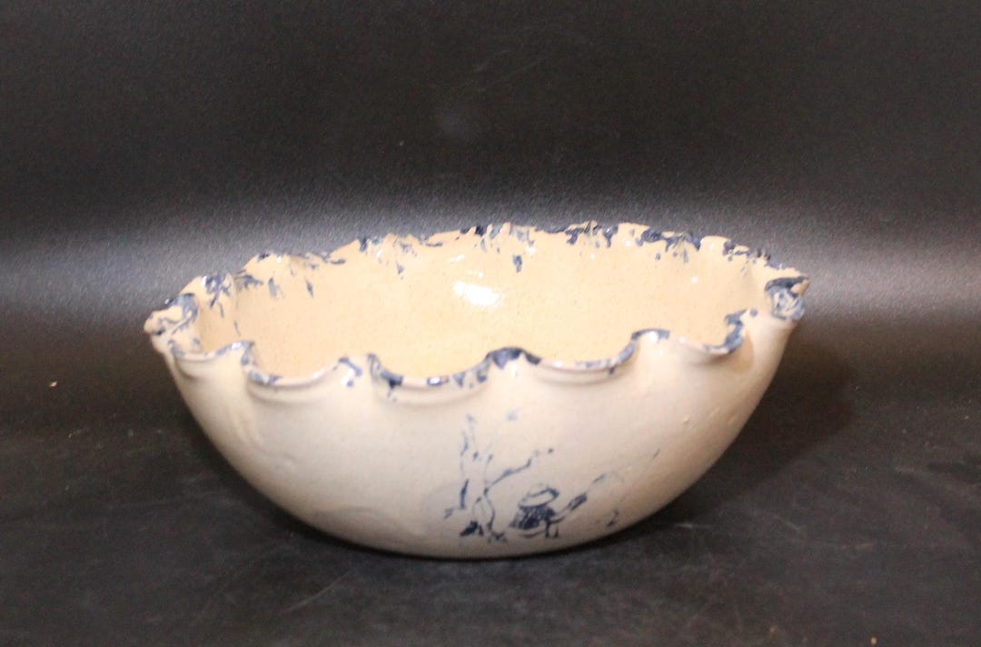 Signed Bybee Pottery 11" Blue Spongeware Serving Bowl With Crimped ...