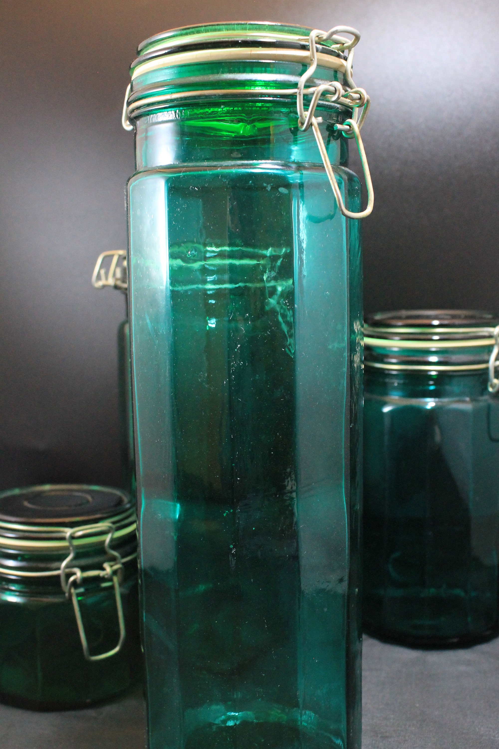 Green Glass Canisters With Wire Bale Closures-set of 4 - Etsy