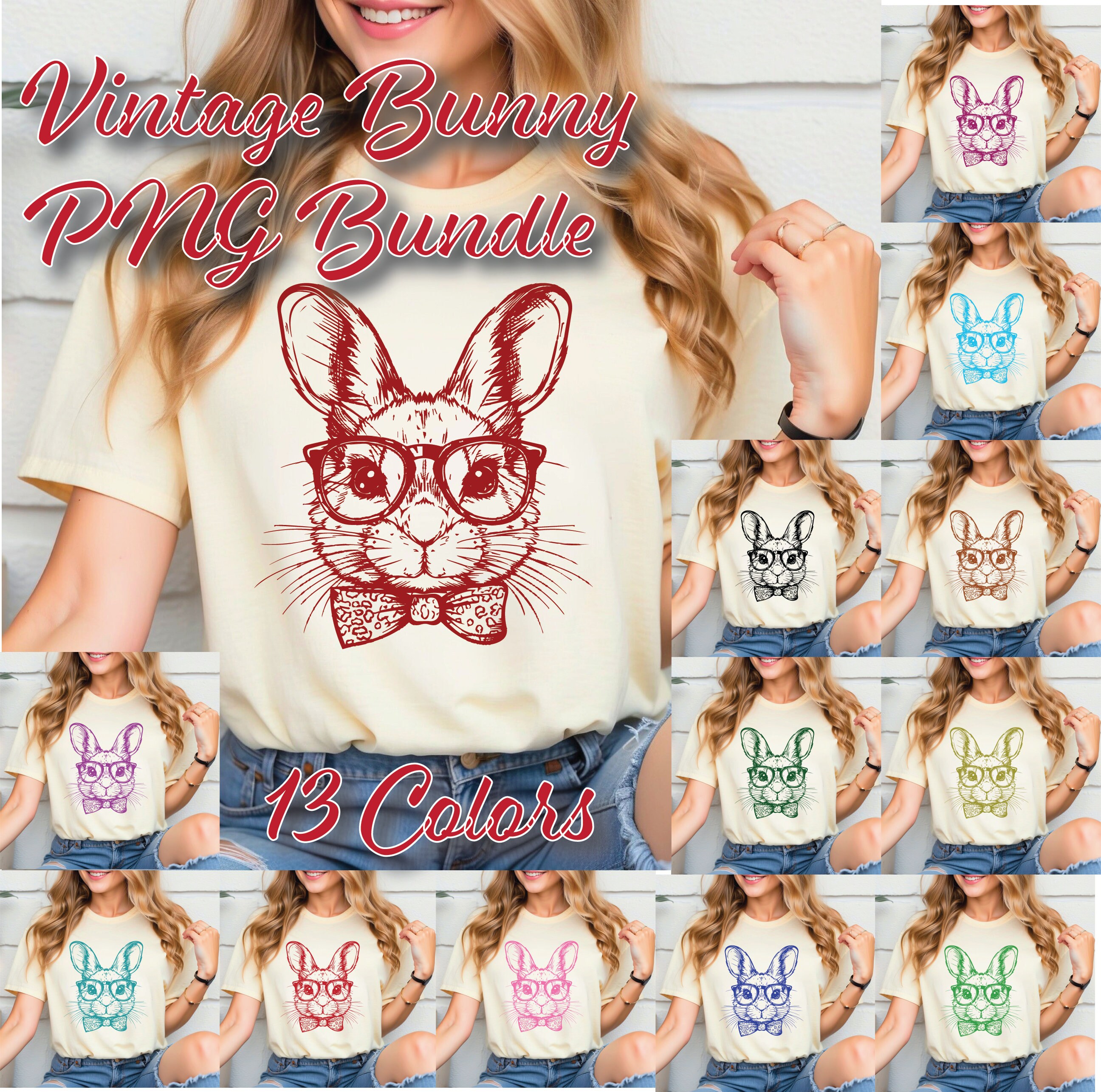 Vintage Bunny With Glasses PNG Bundle, Easter Shirt Design, Bunny Shirt ...