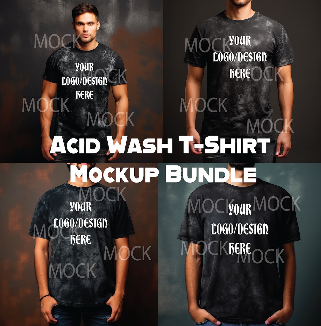 Men's Acid Wash T-shirt Mockups, Mineral Wash Mockups, Black Acid Wash ...