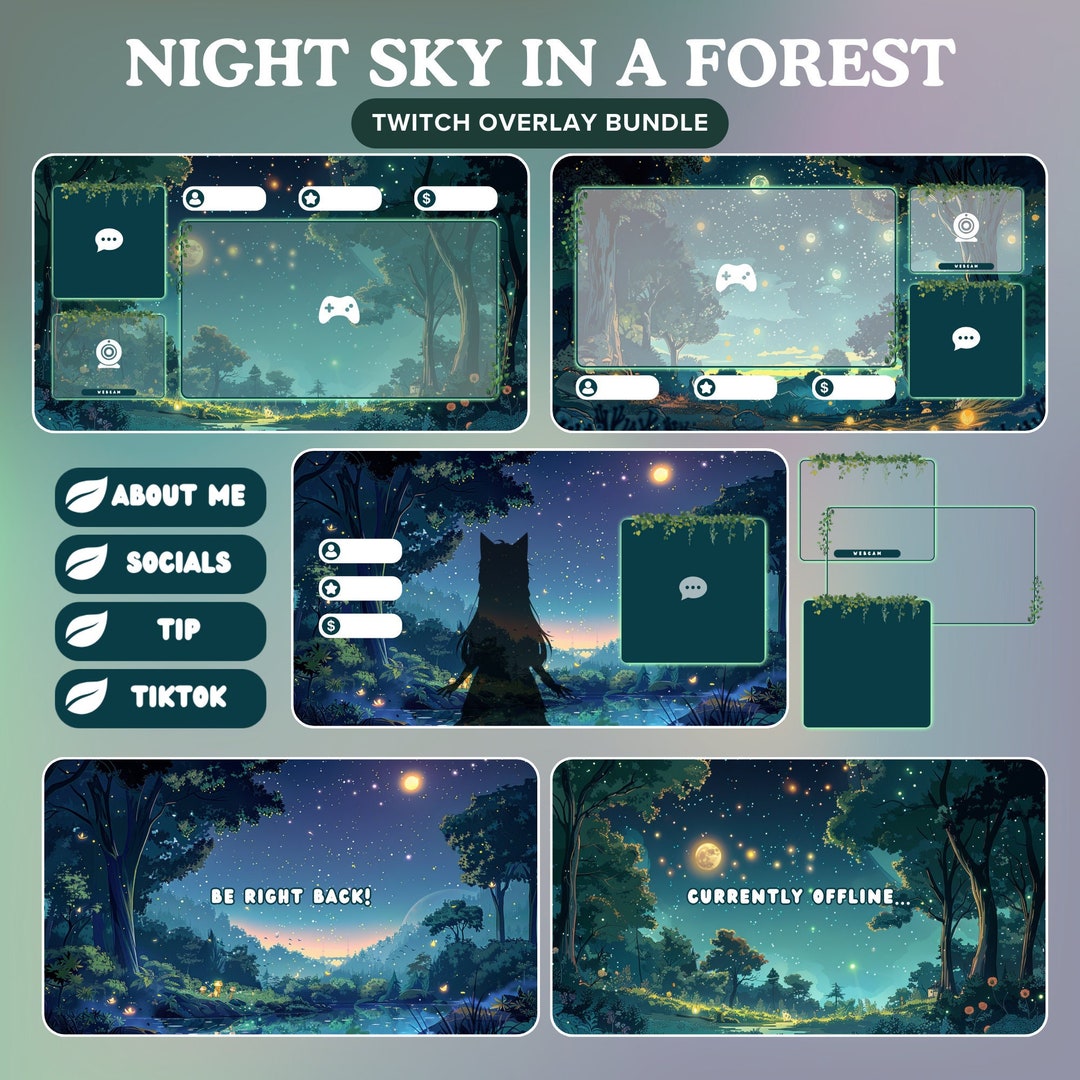 Green Blue Forest Night Sky Twitch Vtuber Overlay Set Animated & Static ...