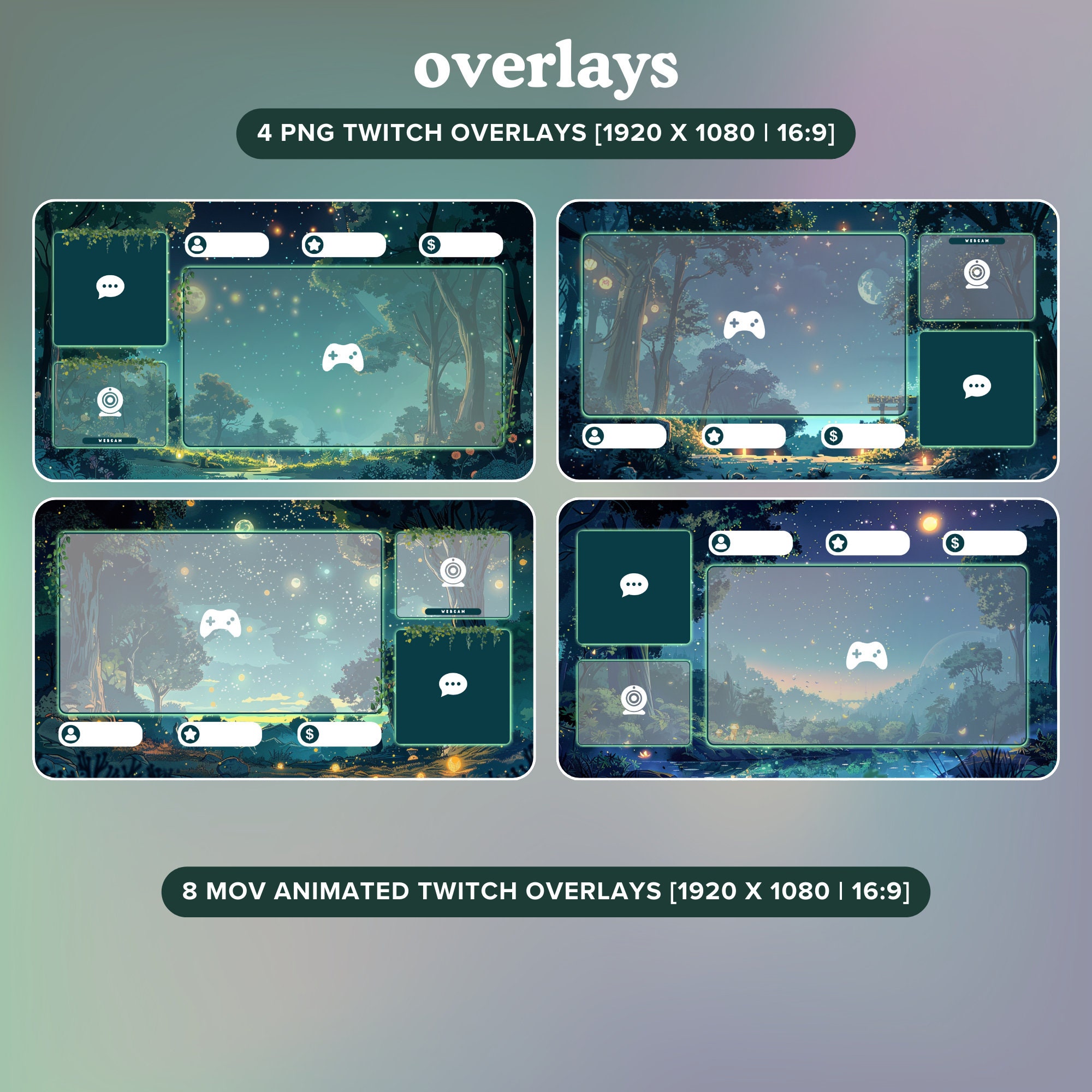 Green Blue Forest Night Sky Twitch Vtuber Overlay Set Animated & Static ...