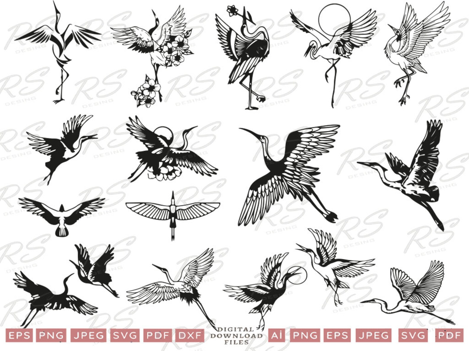 Floral Stork Svg Files, Japanesse Stork Clipart, Stork Silhouette ...