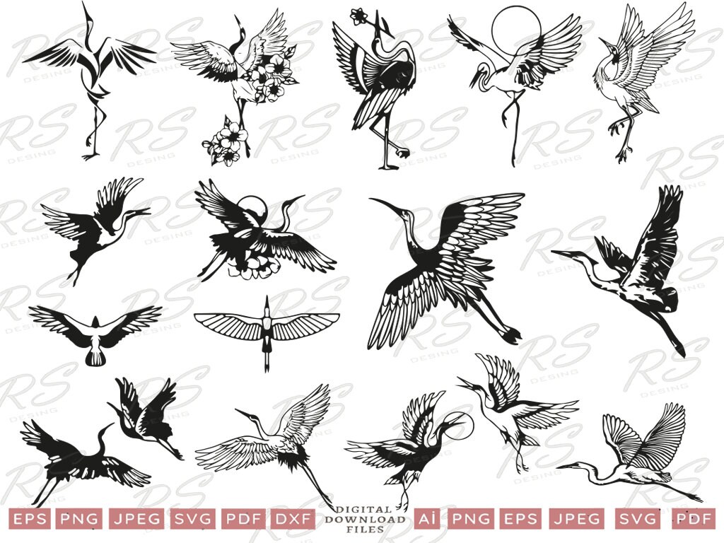 Floral Stork Svg Files, Japanesse Stork Clipart, Stork Silhouette ...