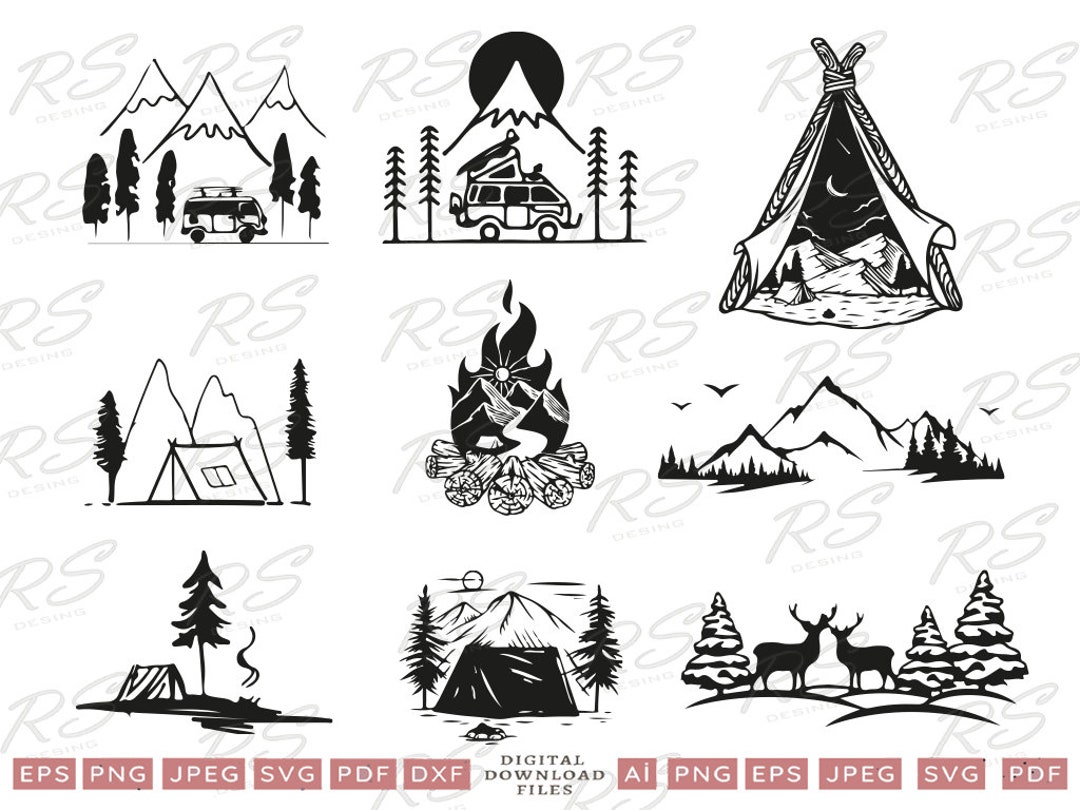 Forest Camping Svg Files for Cutting Machines, Mountain Vector İcons ...