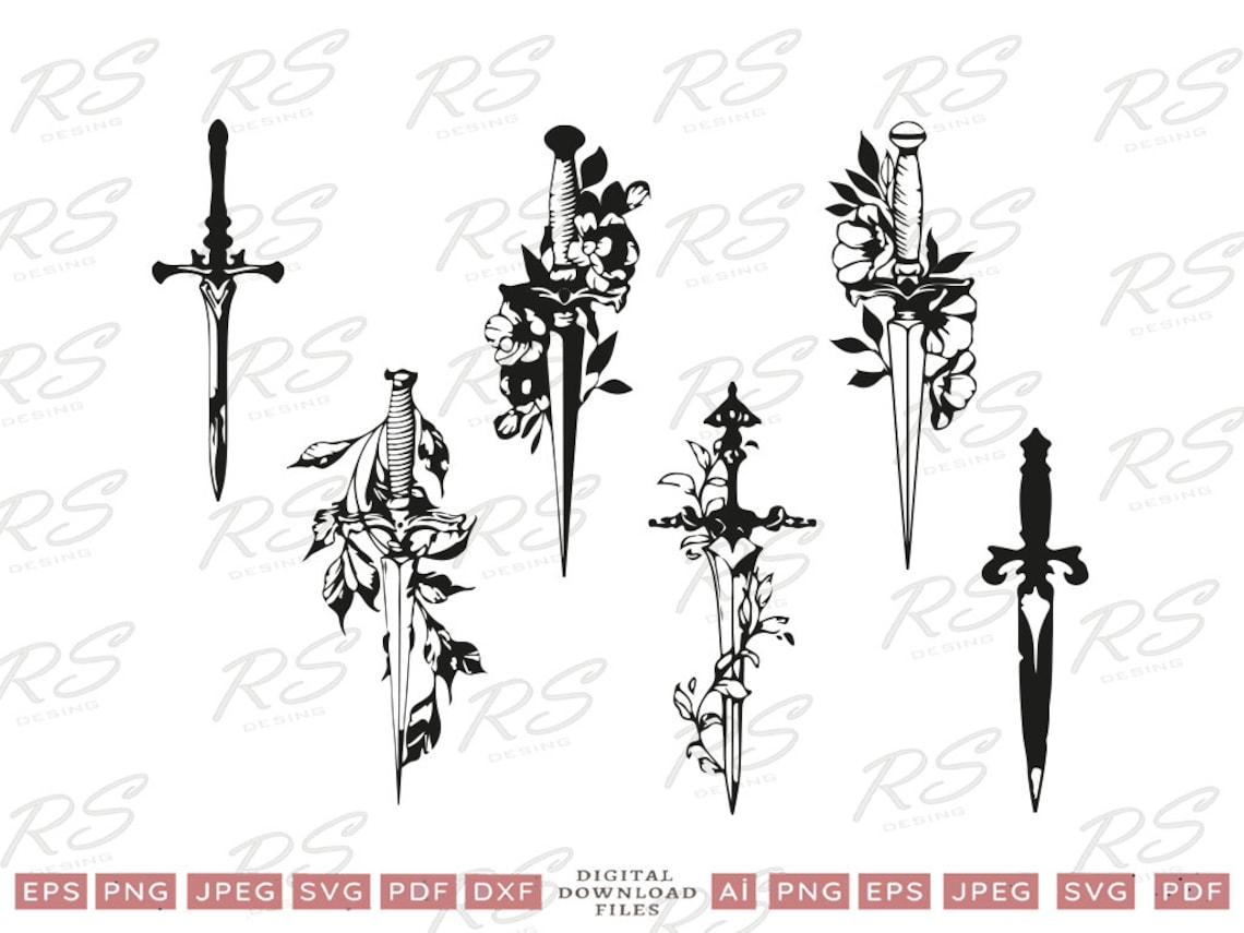 Floral Dagger Rose SVG Bundle, Black Dagger Silhouette Digital Download ...
