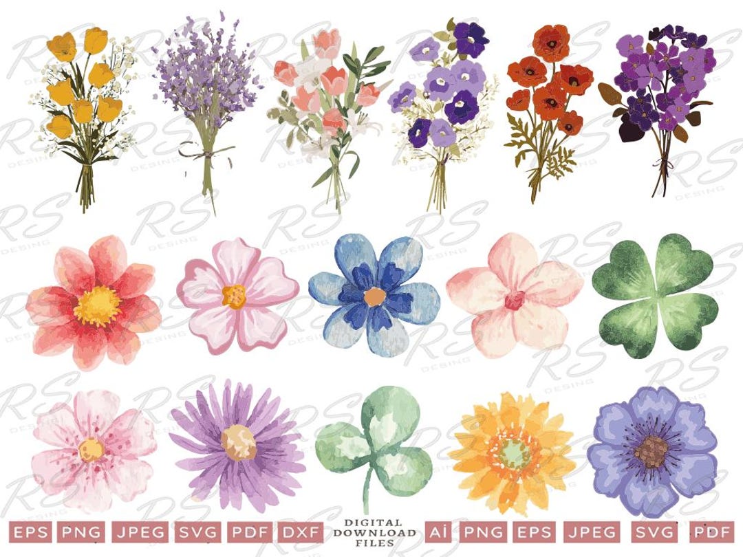 Colorful Flowers Svg Bundle, Flower Bouquet Clipart, Flower Svg Dundle ...