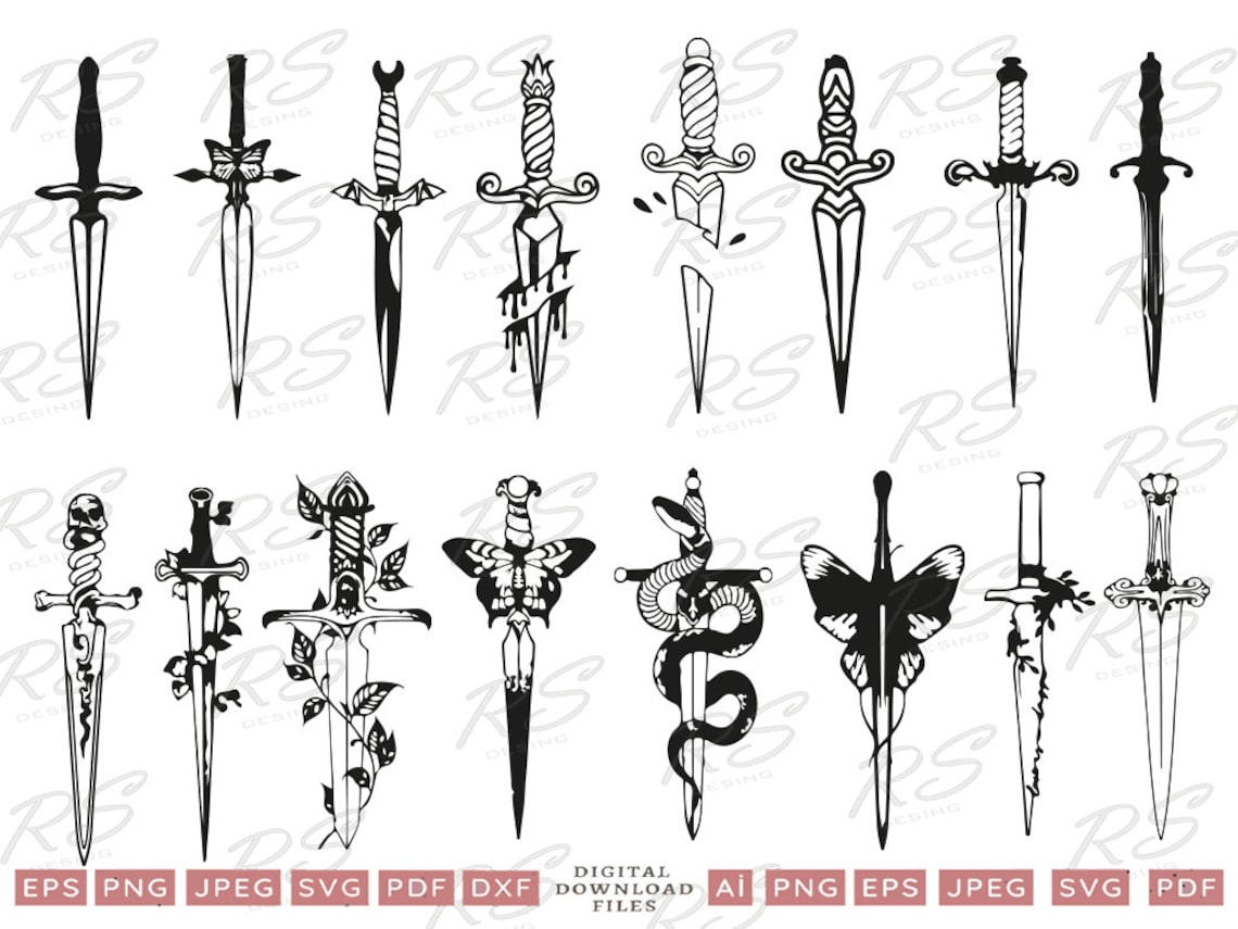 Snake Dagger Floral SVG Bundle, Cool Dagger With Butterfly Clip Art ...