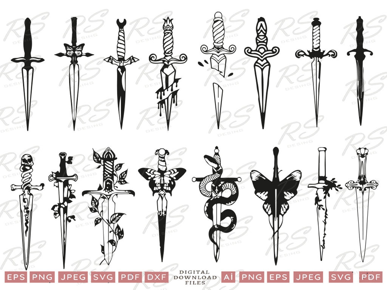 Snake Dagger Floral SVG Bundle, Cool Dagger With Butterfly Clip Art ...