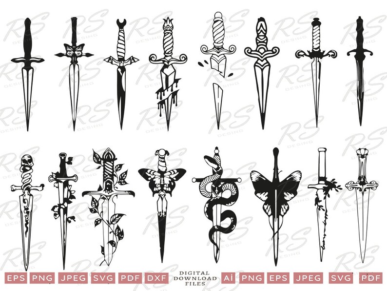 Snake Dagger Floral SVG Bundle, Cool Dagger With Butterfly Clip Art ...