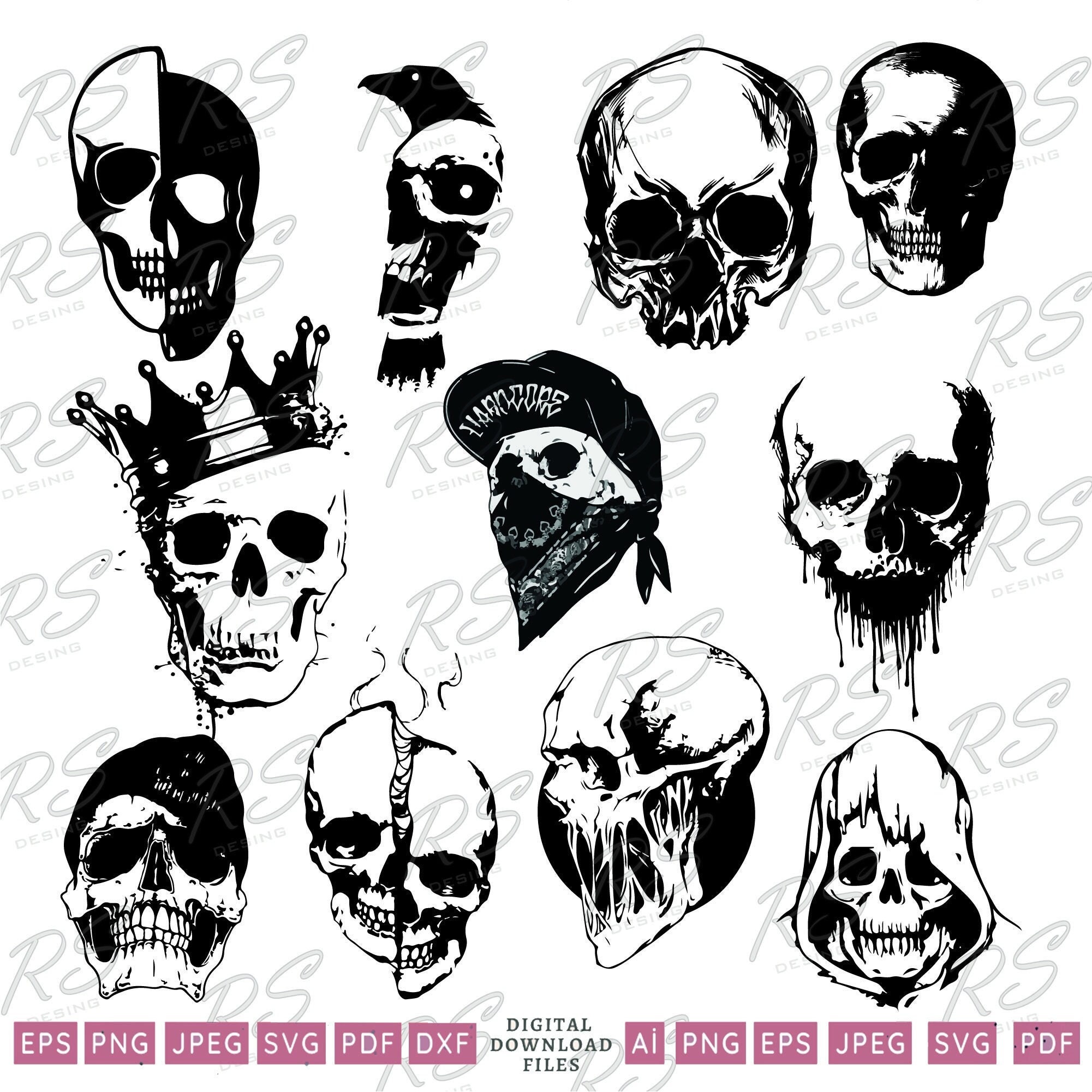 Skull Svg File Bundle, Scary Skull Print Designs, Witchy Svg Files ...