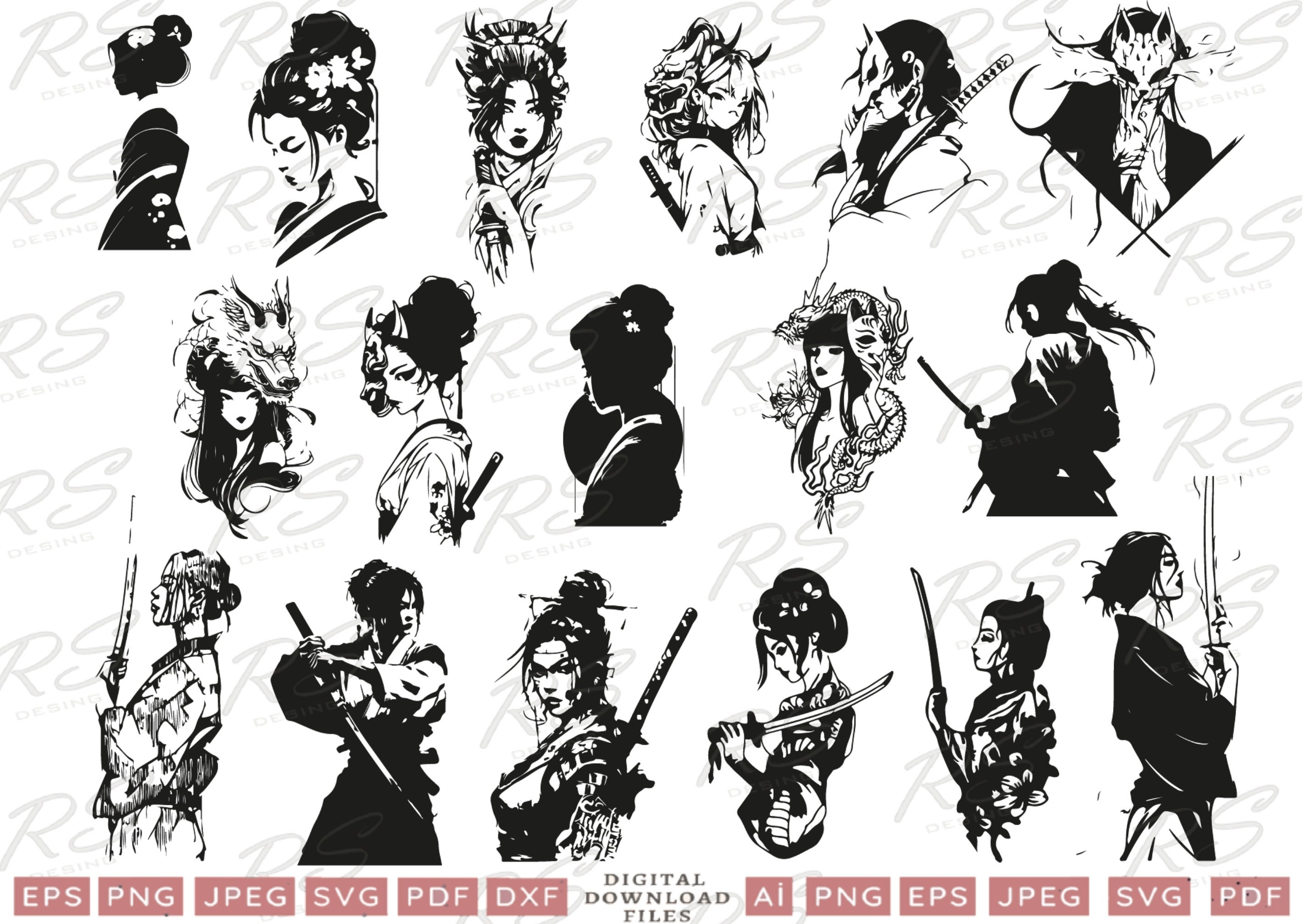 Samurai Girl Svg Files, Samurai Kitsune Png, Girl Samurai Vector ...