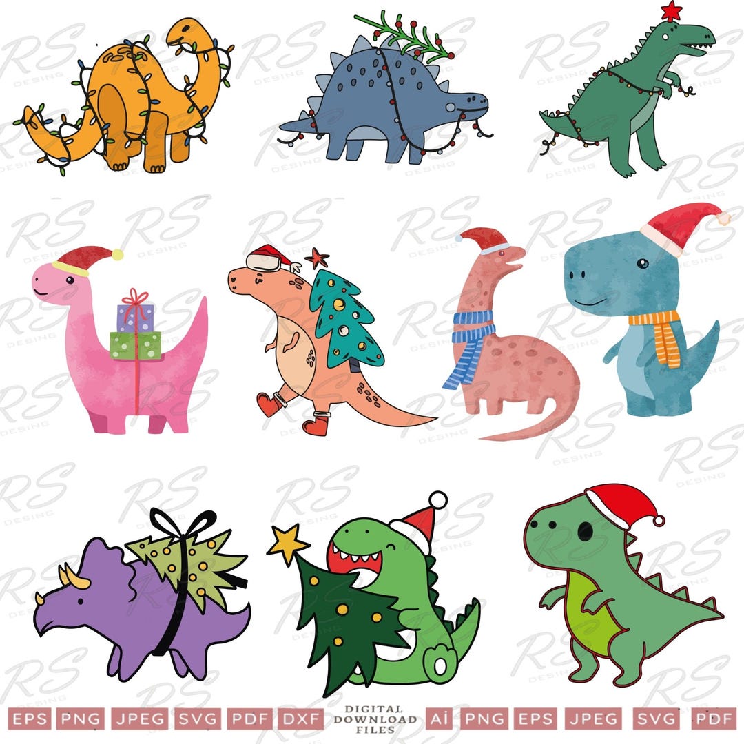 Cute Dinosaur Christmas Clipart, Dino Holiday PNG, T-rex With Santa Hat ...